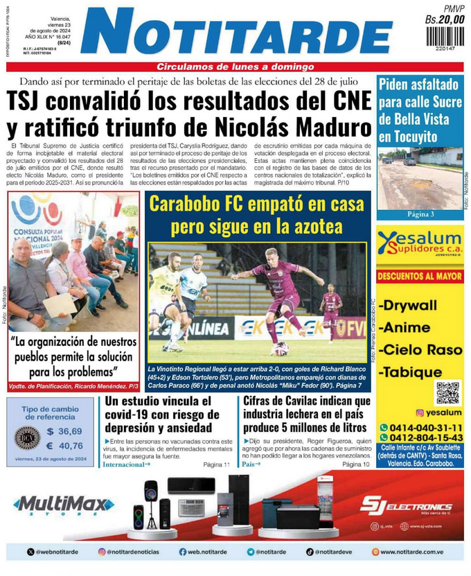 Portada El Universal y Notitarde 23 de agosto de 2024