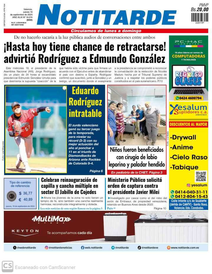Portadas Notitarde y El Universal del 19 de septiembre