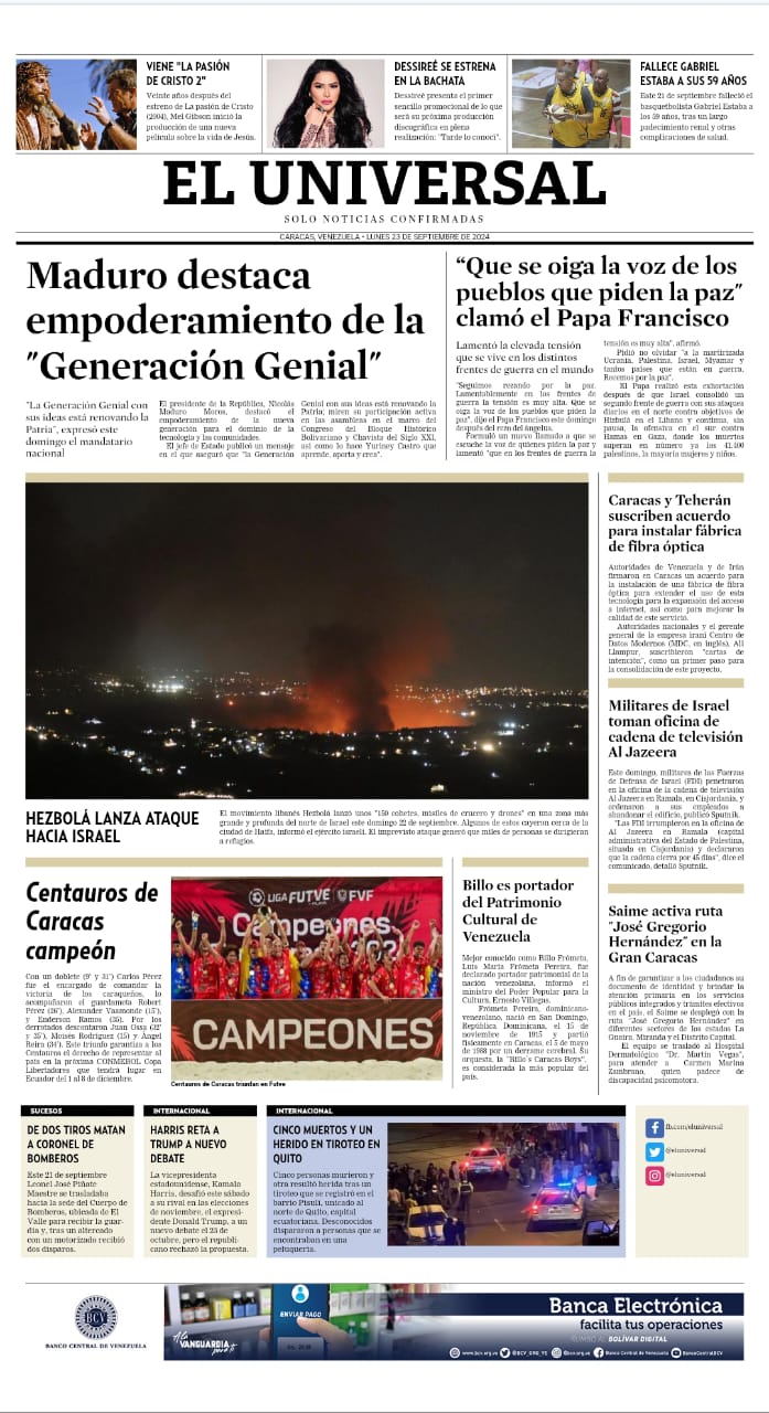 Portadas Notitarde y El Universal 23 de septiembre