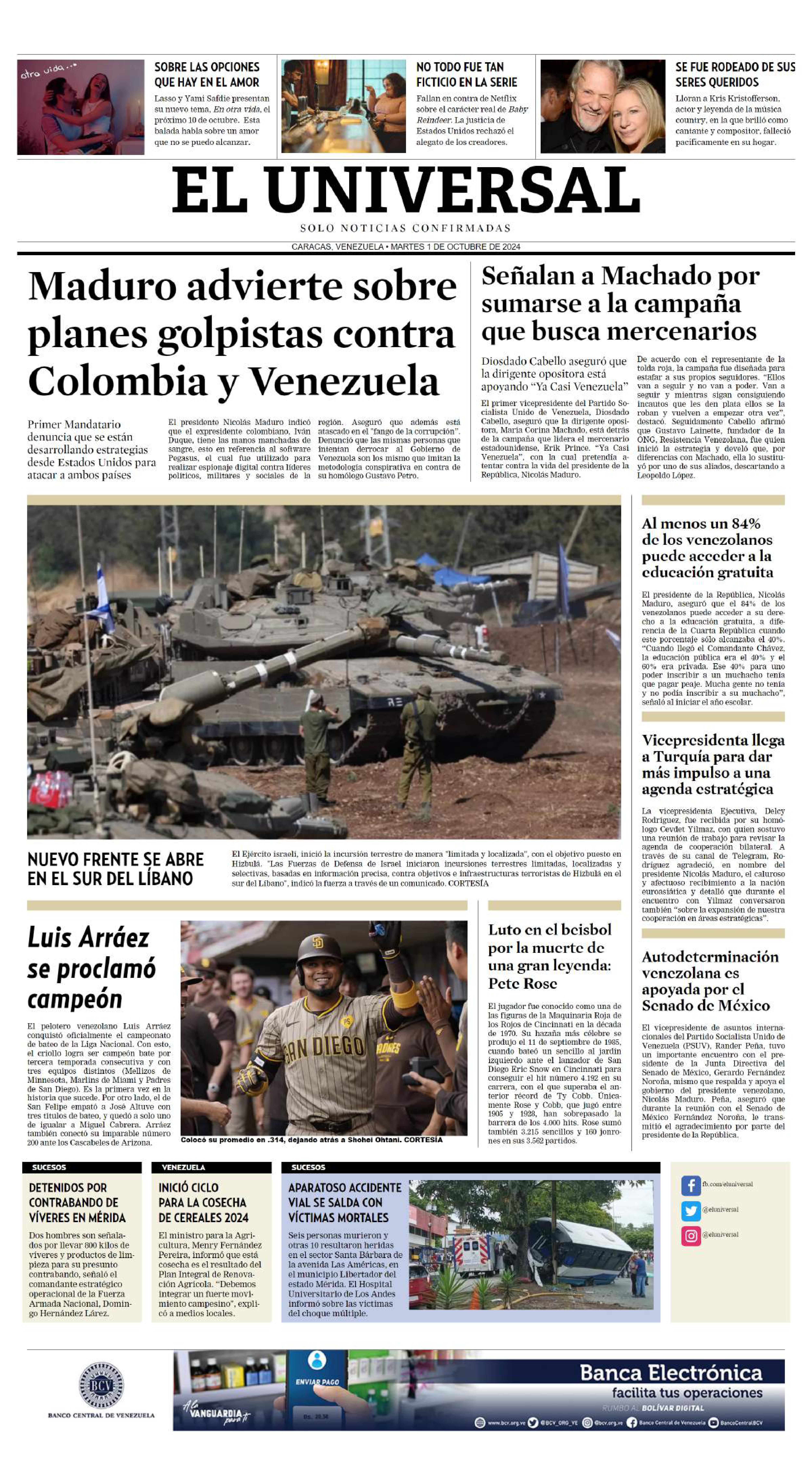 Portadas de Notitarde y El Universal 1 de octubre