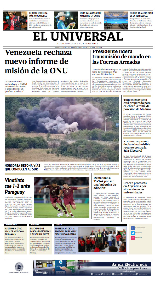 Portadas de El Universal y Notitarde - 16 de octubre