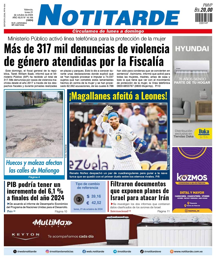 Portadas Notitarde y El Universal - 21 de octubre