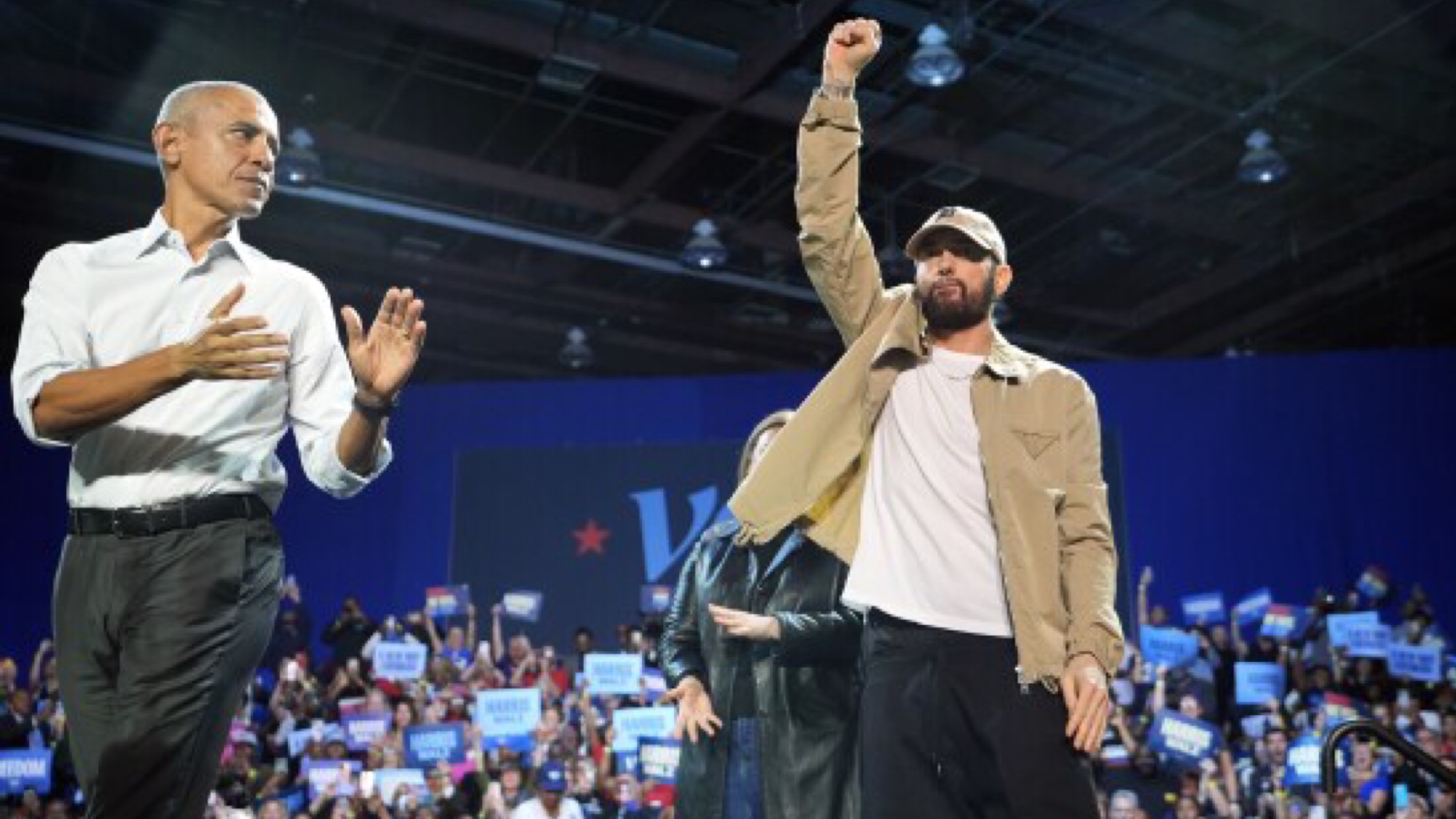 Eminem expresa apoyo a Harris en evento junto a Barack Obama