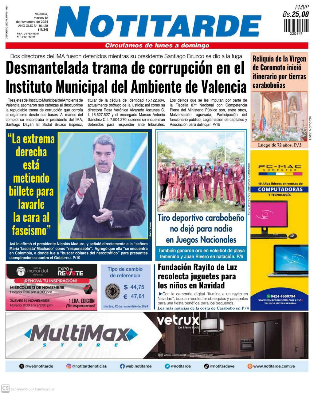 Portadas Notitarde y El Universal 12 de noviembre
