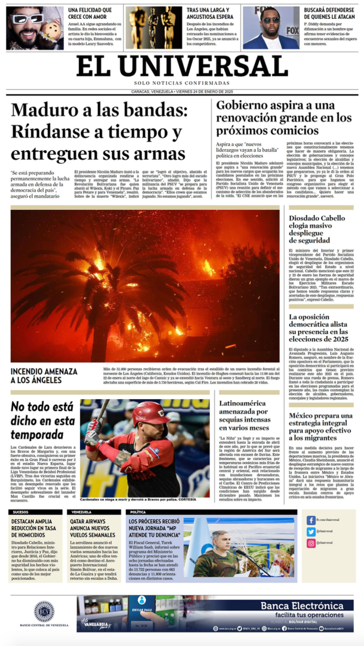 Portadas El Universal y Notitarde 24 de enero 2025
