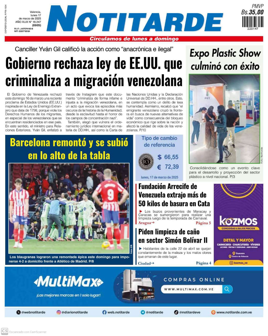 Portadas El Universal y Notitarde - 17 de marzo