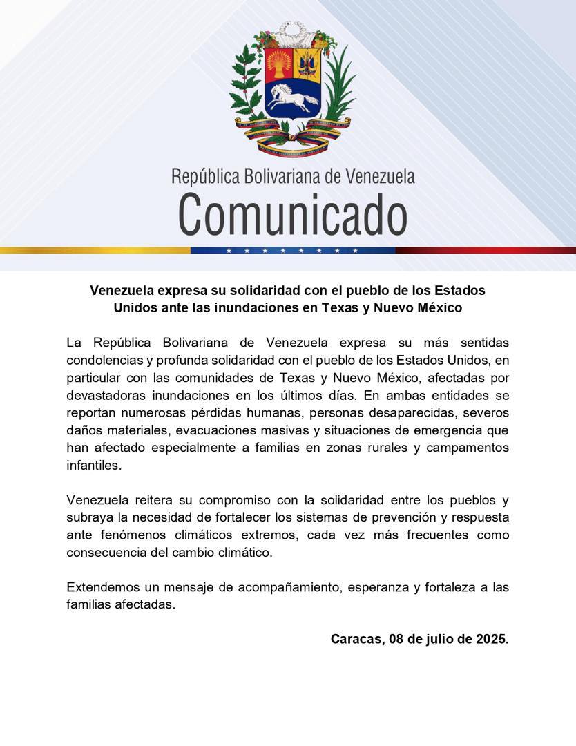 (+Comunicado) Venezuela se solidariza con EE. UU. por las inundaciones que afectaron Texas y ...