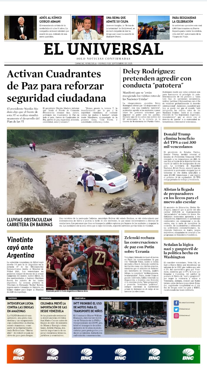 Portadas de El Universal y Notitarde - 5 de septiembre de 2025