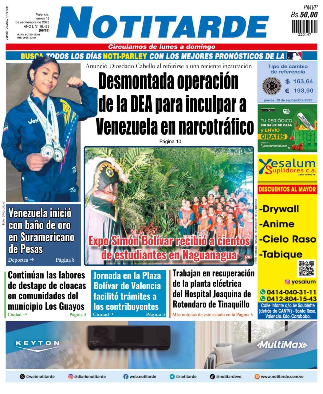Portadas de El Universal y Notitarde - 18 de septiembre
