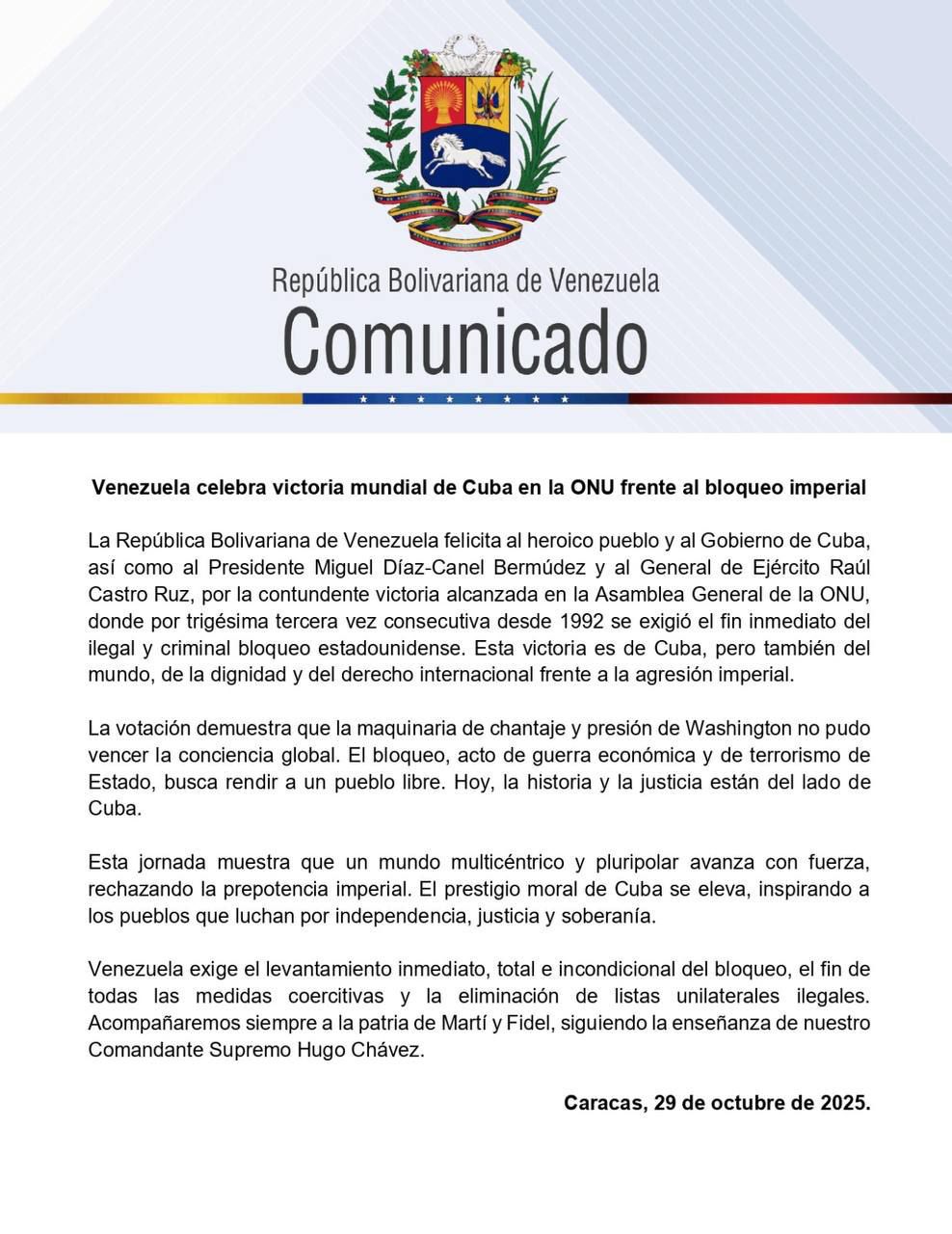 Venezuela celebra victoria de Cuba en la ONU frente al bloqueo de EE. UU.