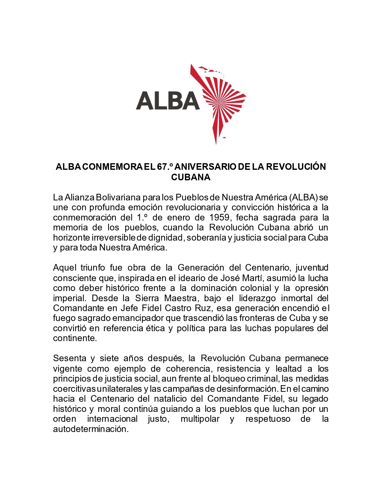 ALBA -TCP conmemora el 67 aniversario del triunfo de la Revolución Cubana